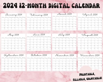 12 Month Calendar, Pink, Editable Template, Fillable, Digital Calendar ...