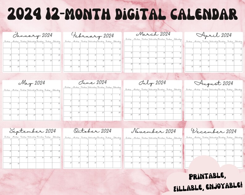 12 Month Calendar, Printable, Elegant, Digital Calendar, 2024 Calendar ...