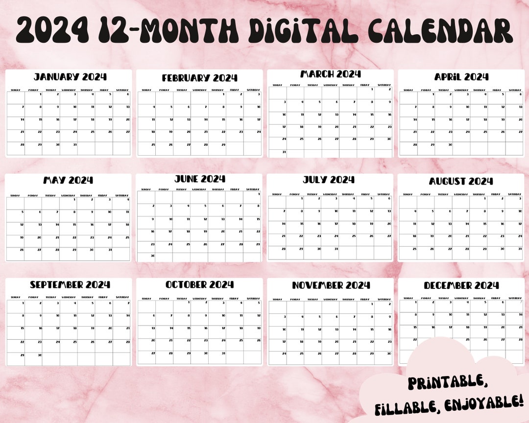 12 Month Calendar, Printable, Elegant, Digital Calendar, 2024 Calendar ...