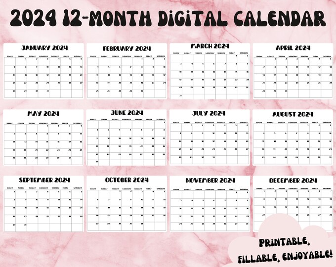 12 Month Calendar, Printable, Elegant, Digital Calendar, 2024 Calendar ...