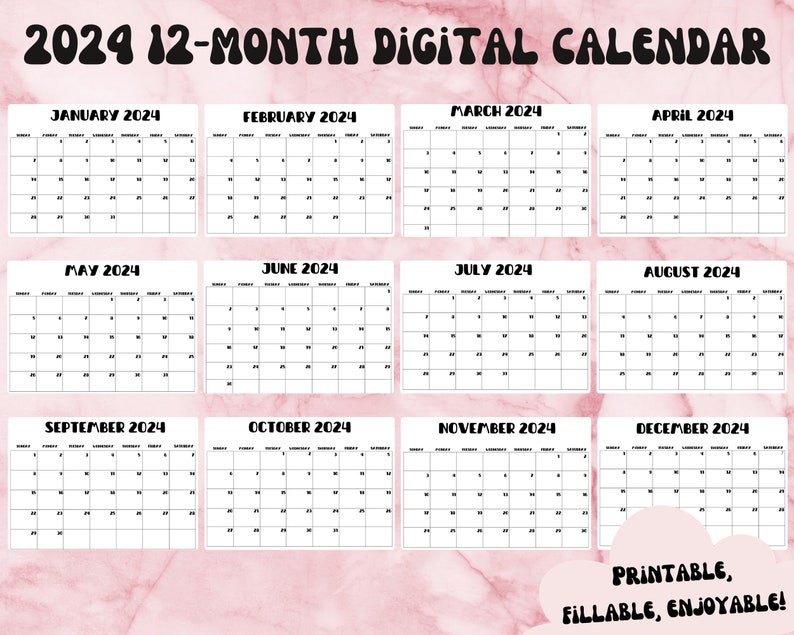 12 Month Calendar, Printable, Elegant, Digital Calendar, 2024 Calendar ...