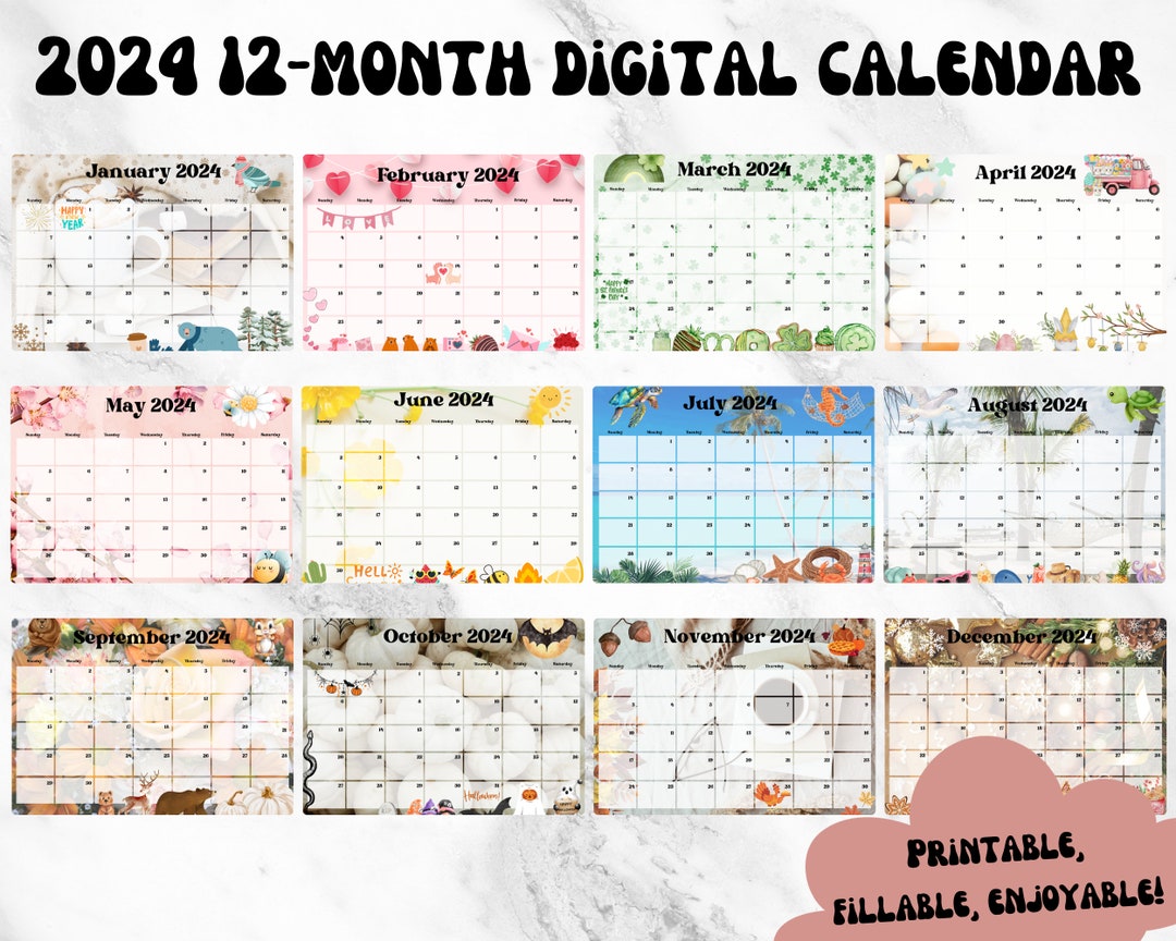 12 Month Calendar, Editable Template, Fillable, Digital Calendar, 2024 ...