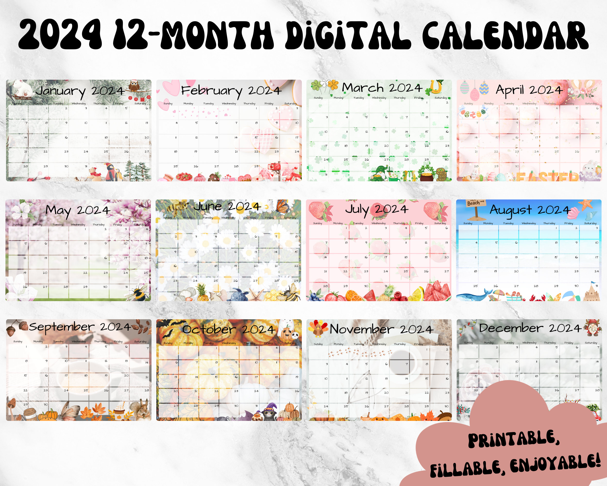 12 Month Calendar, Editable Template, Fillable, Digital Calendar, 2024 ...