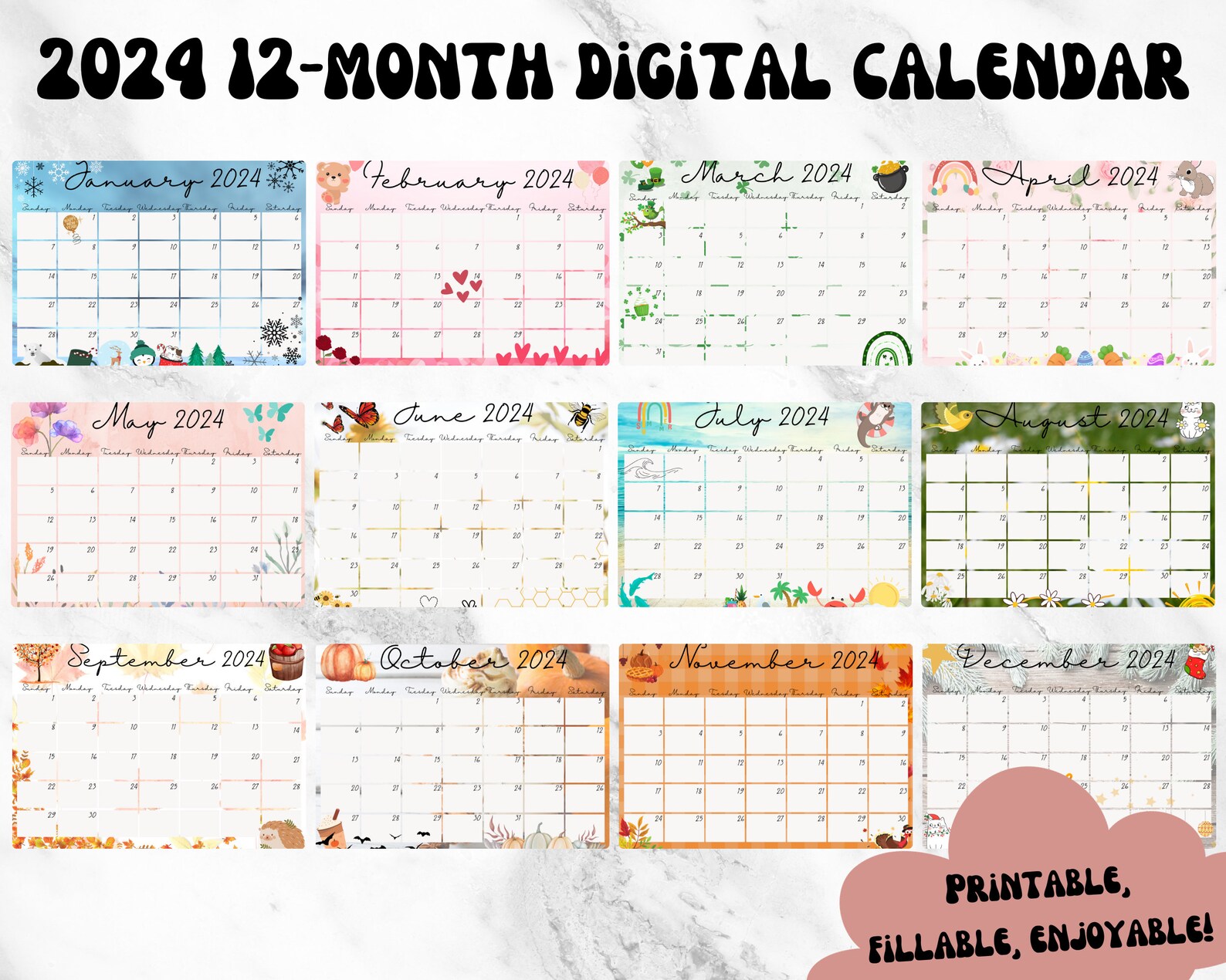 12 Month Calendar, Editable Template, Fillable, Digital Calendar, 2024 ...