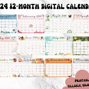 12 Month Calendar, Editable Template, Fillable, Digital Calendar, 2024 ...