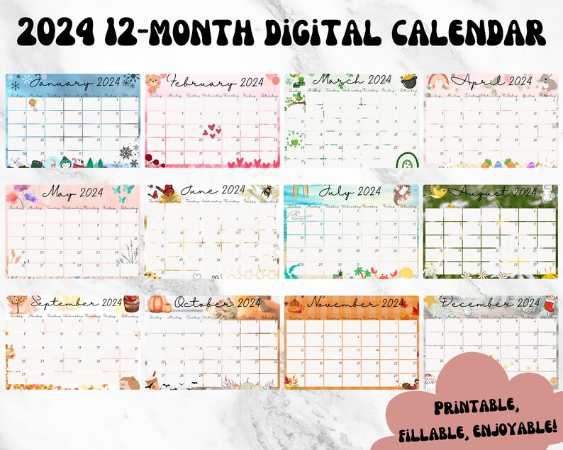 12 Month Calendar, Editable Template, Fillable, Digital Calendar, 2024 ...