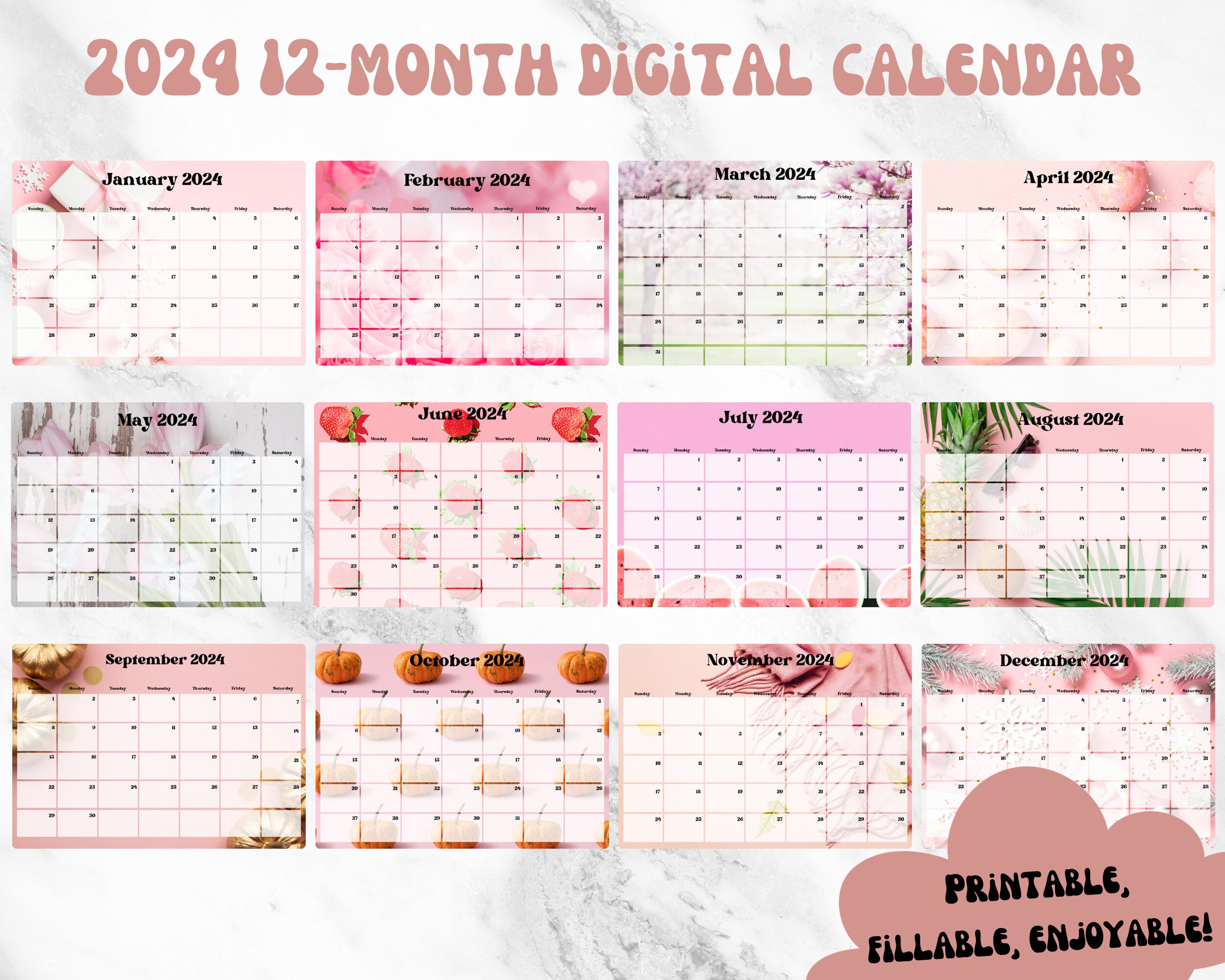 12 Month Calendar, Pink, Editable Template, Fillable, Digital Calendar ...