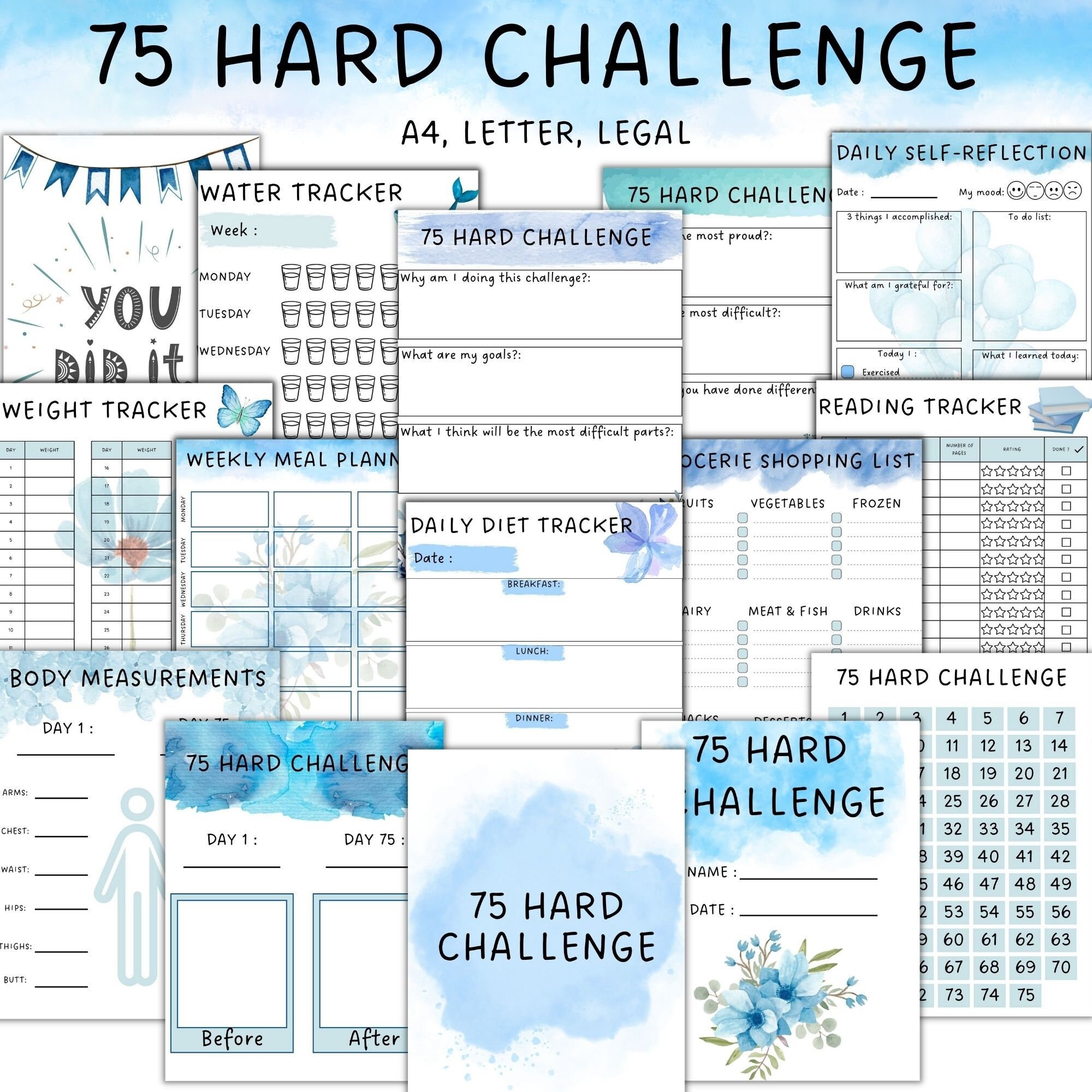 75 Hard Challenge Tracker, 75 Hard Challenge, Fitness Planner, Fitness ...