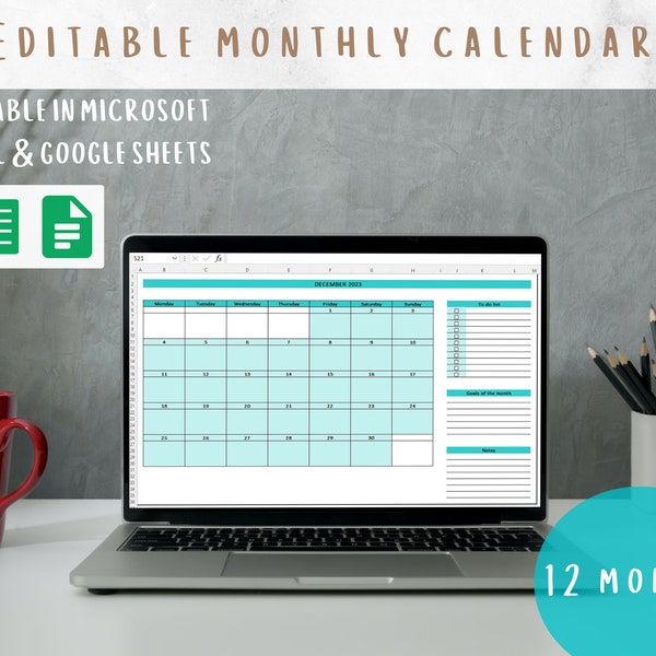 Excel Editable Monthly Calendar Template - Etsy