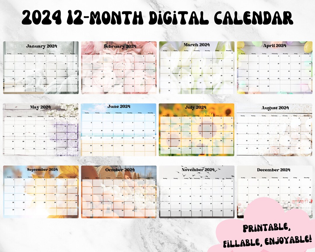 12 Month Calendar, Editable Template, Fillable, Digital Calendar, 2024 ...