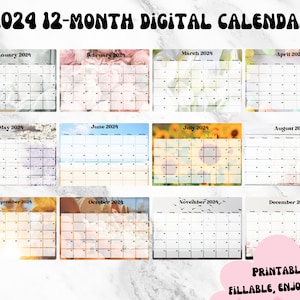 12 Month Calendar, Editable Template, Fillable, Digital Calendar, 2024 ...
