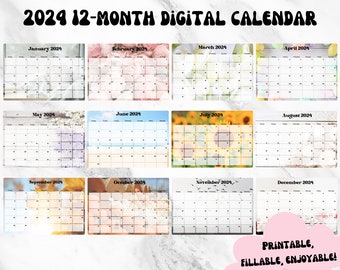 12 Month Calendar, Editable Template, Fillable, Digital Calendar, 2024 ...