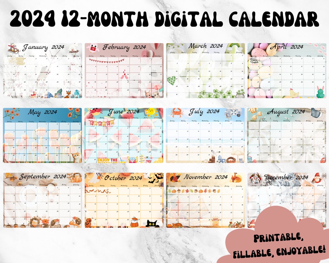 12 Month Calendar, Editable Template, Fillable, Digital Calendar, 2024 ...