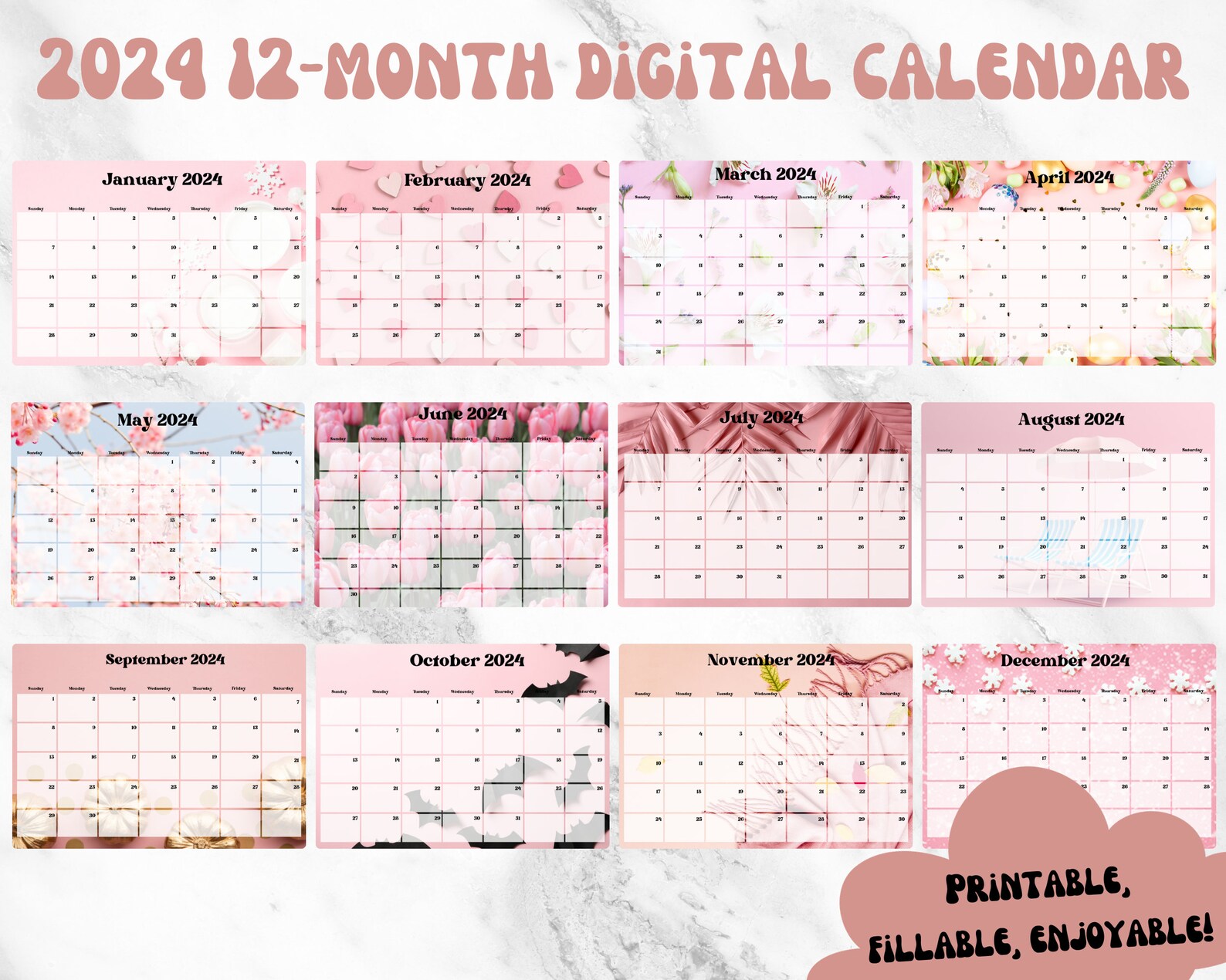 12 Month Calendar, Pink, Editable Template, Fillable, Digital Calendar ...