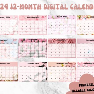 12 Month Calendar, Pink, Editable Template, Fillable, Digital Calendar ...