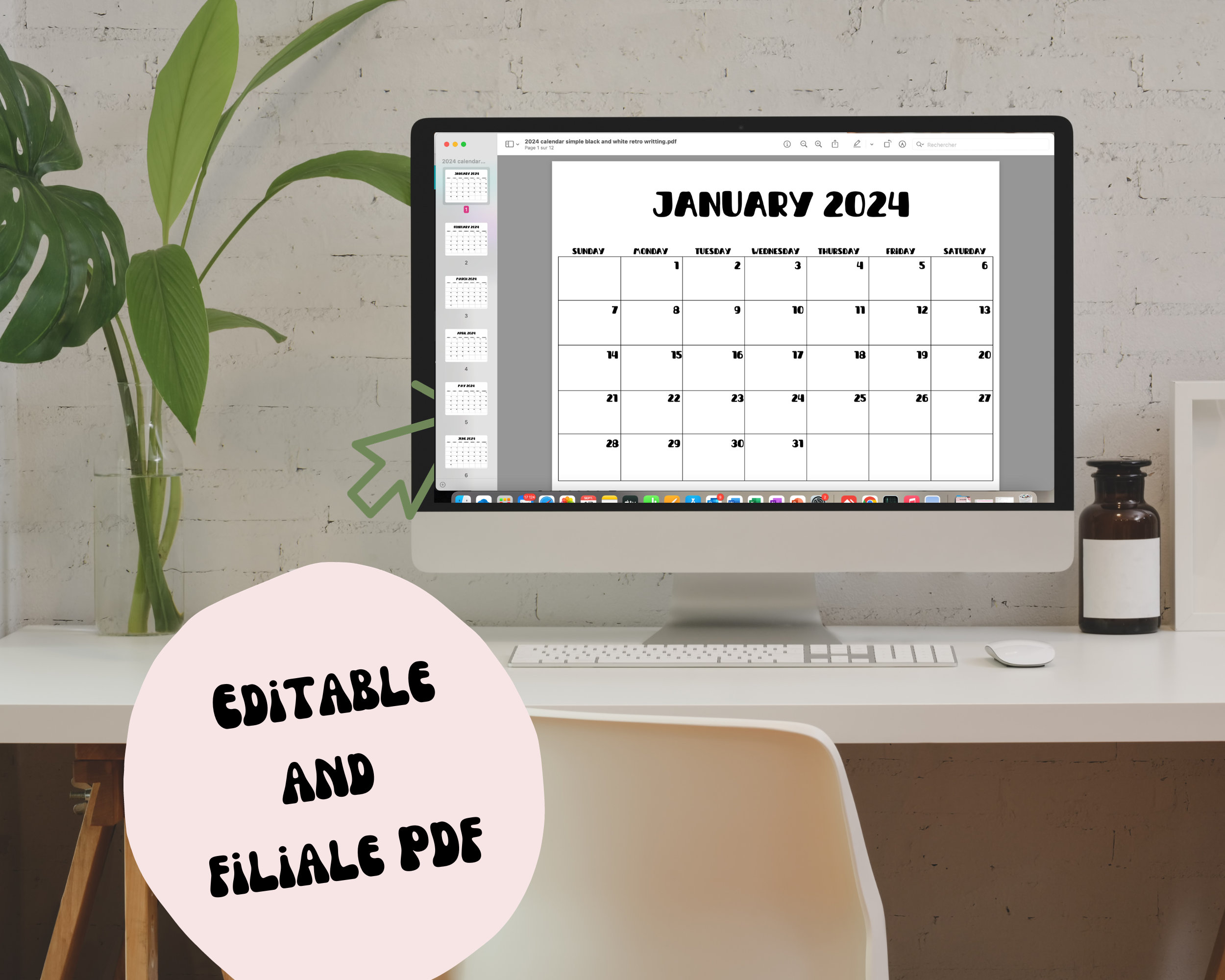 12 Month Calendar, Printable, Elegant, Digital Calendar, 2024 Calendar ...