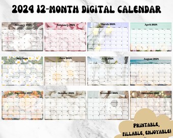 12 Month Calendar, Editable Template, Fillable, Digital Calendar, 2024 ...