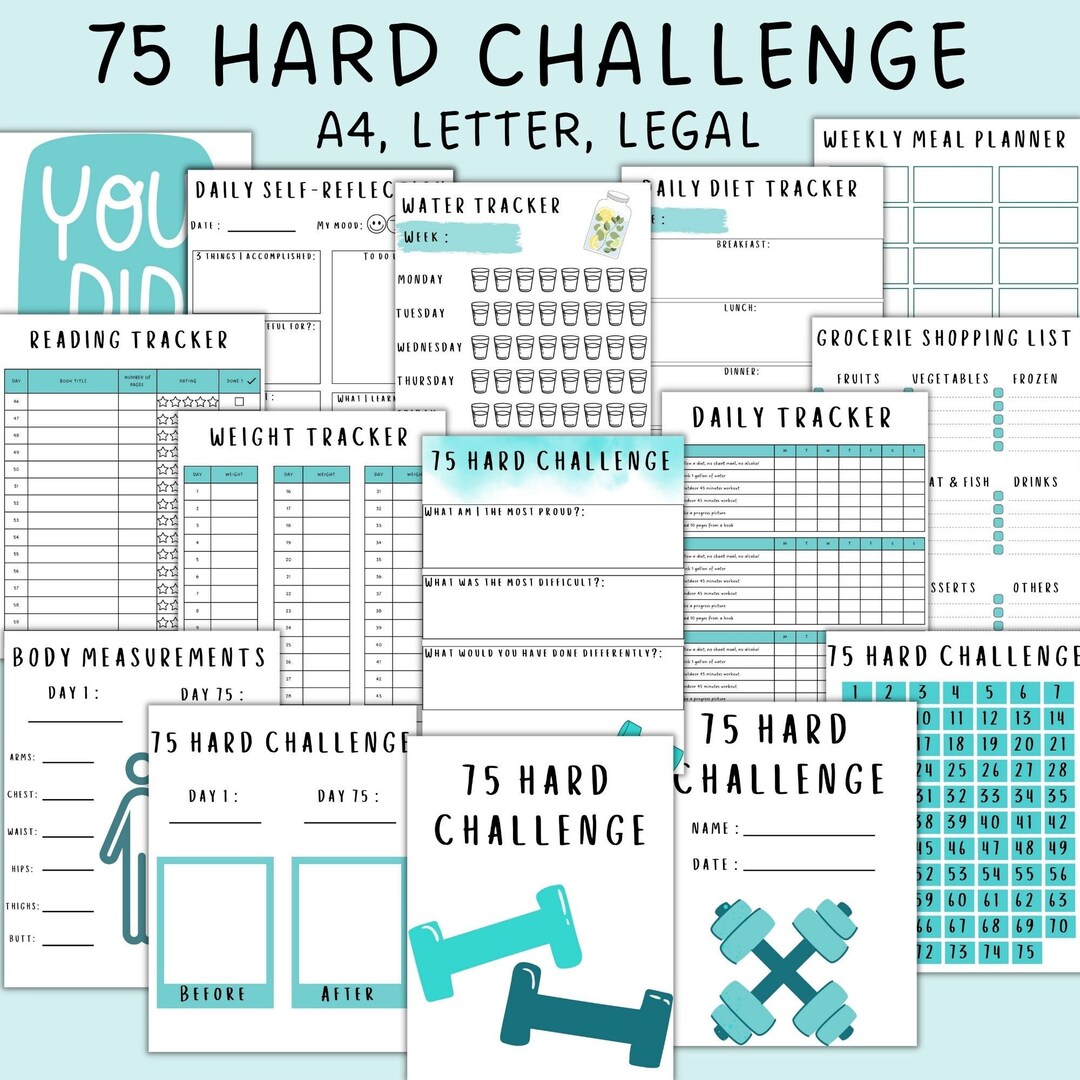 75 Hard Challenge Planner, 75 Hard Challenge, Fitness Planner, Fitness Tracker, Challenge ...