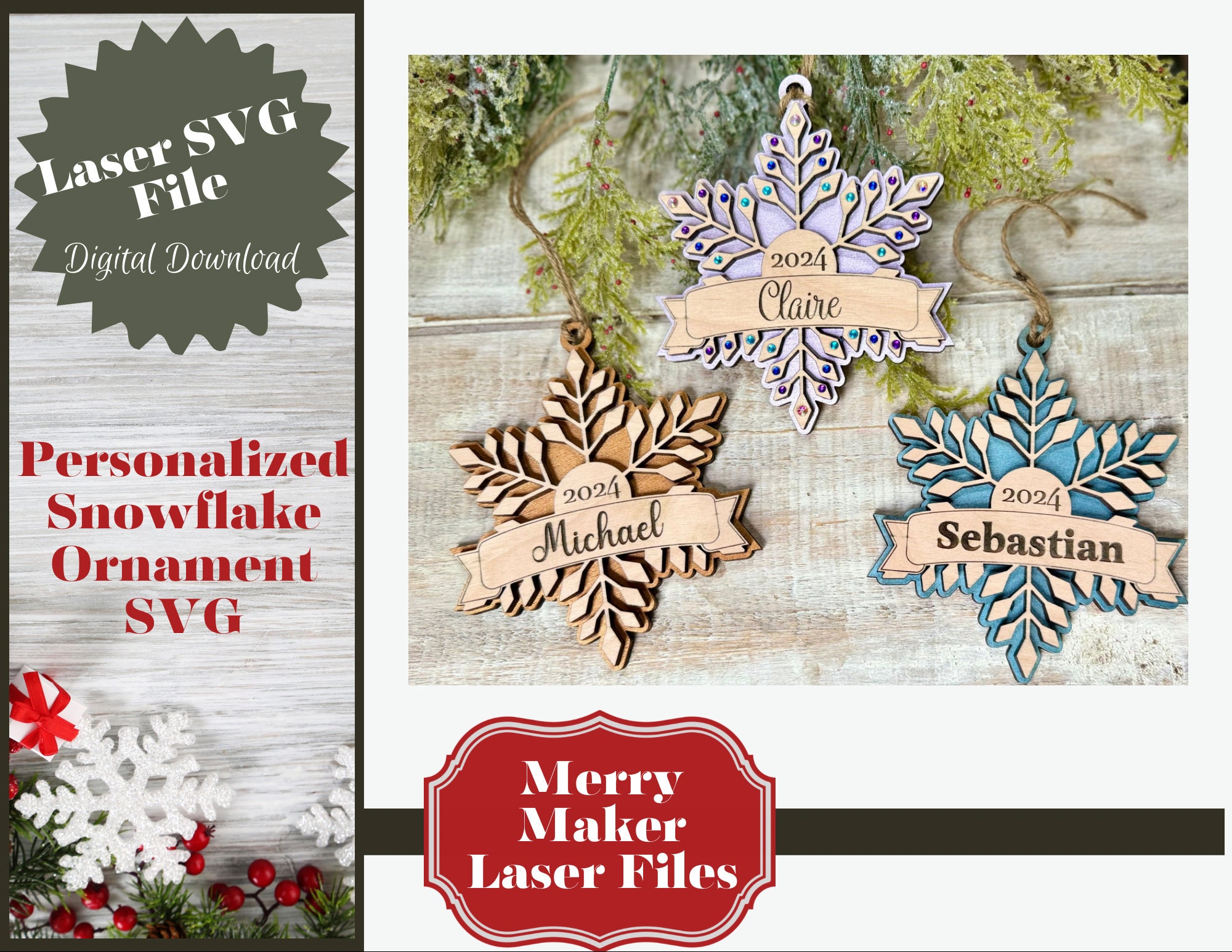 Snowflake 2024 Personalizable Christmas Ornament SVG Laser File - Etsy