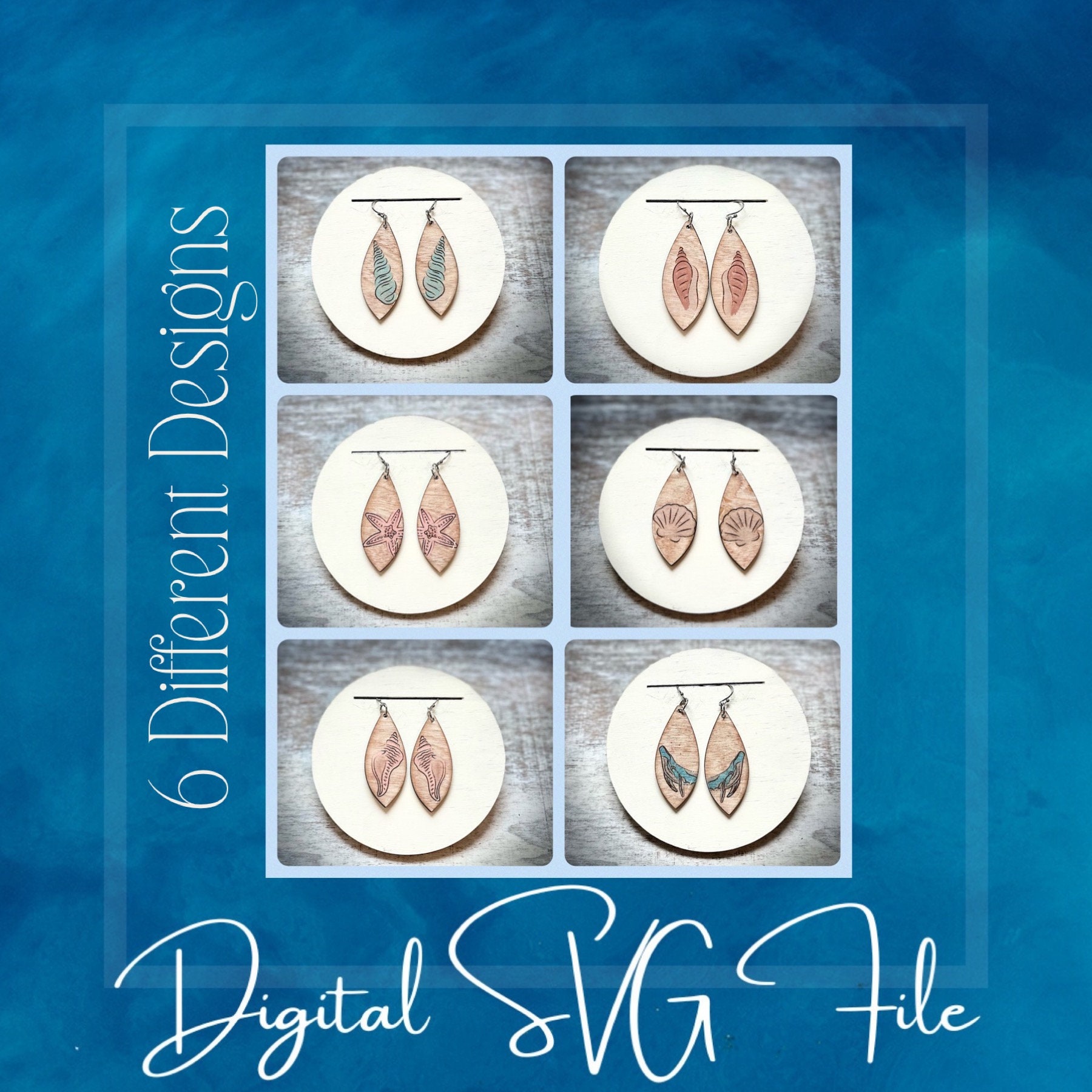 6 Hand Drawn engraved Sea Shell Earrings SVG Glowforge Laser - Etsy