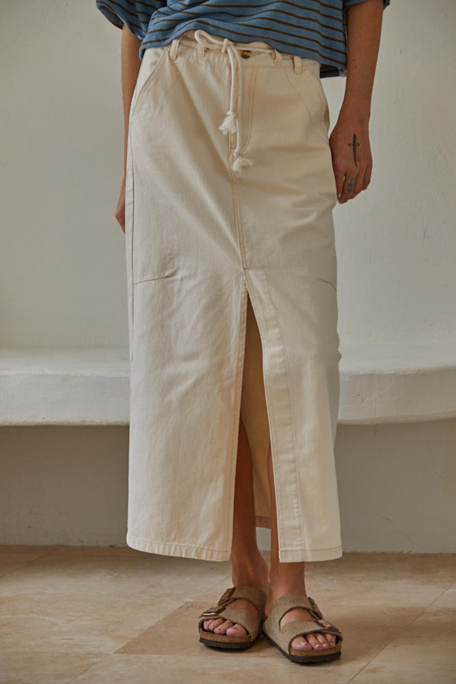 Jeni Denim Midi Skirt Cream White Front Slit Tie Waist Belt Skirt - Etsy