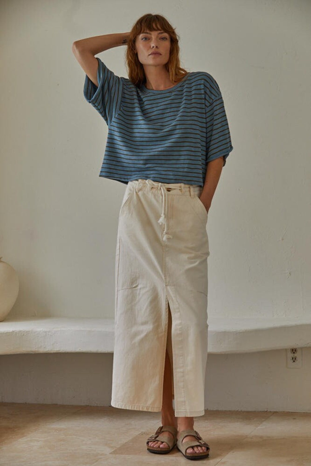 Jeni Denim Midi Skirt - Cream White Front Slit Tie Waist Belt Skirt - Etsy