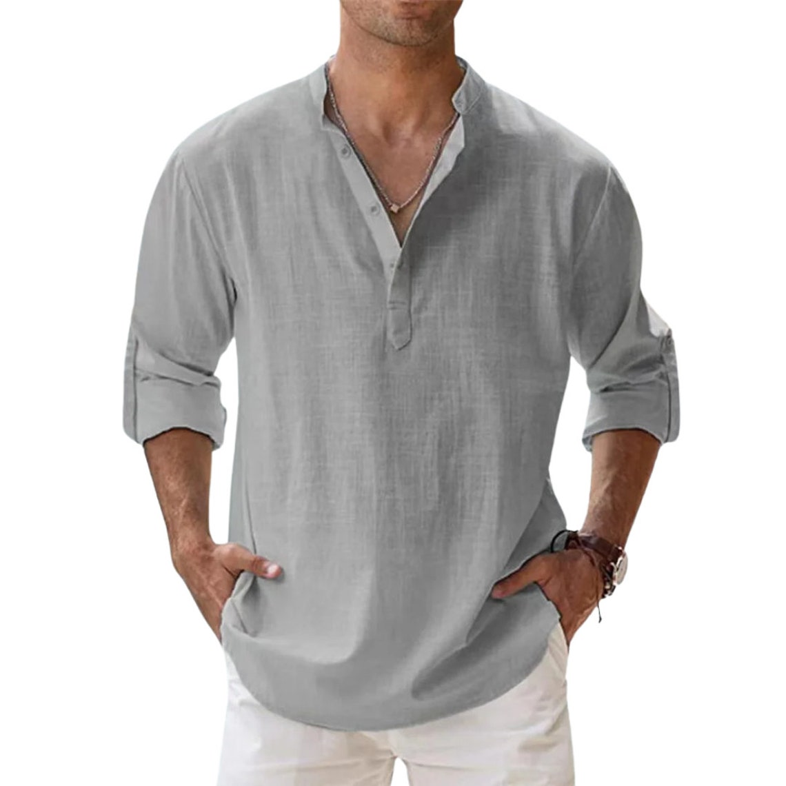 Men's Linen Shirt Classic Long Sleeve Cotton Shirt Gift for Him Henley ...