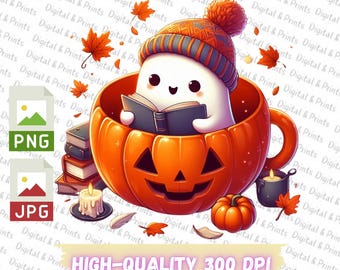 Bookish Ghost Pumpkin PNG, Ghost Reading Png,retro Halloween Png, Cute ...