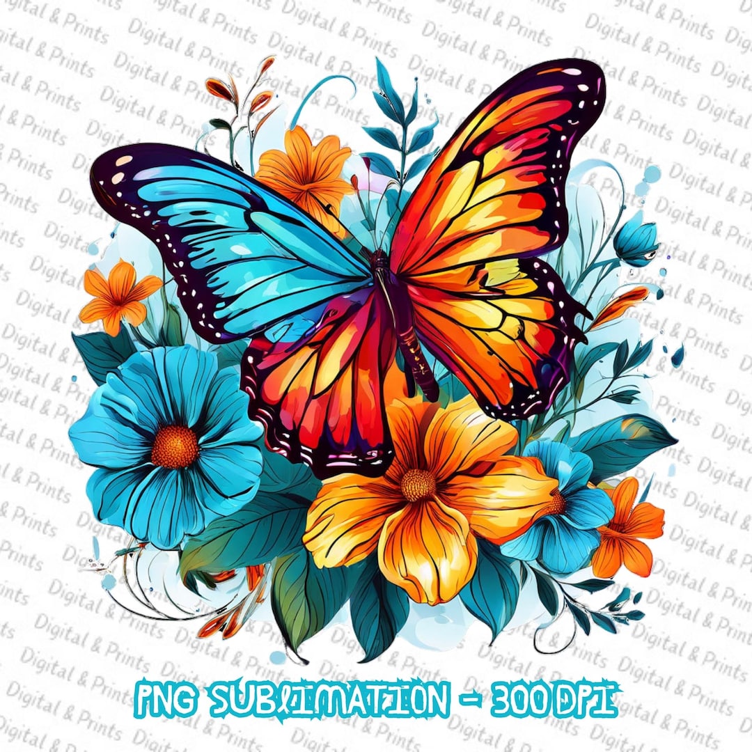Watercolor Butterfly and Flowers Png Sublimation Design, Floral Clipart ...