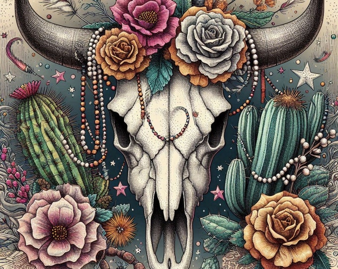 Western Desert Cow Skull and Leopard Cactus Design Ready for Heat ...