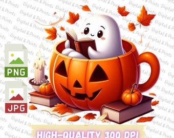 Bookish Ghost Pumpkin PNG, Ghost Reading Png,retro Halloween Png, Cute ...