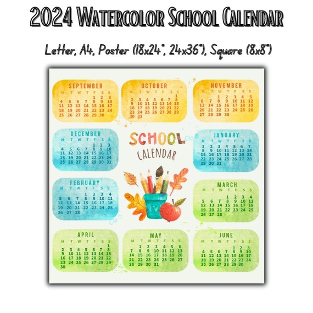 2024 Watercolor School Calendar, Printable Kids Calendar, 2024 Yearly ...