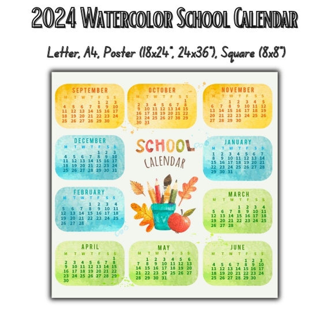 2024 Watercolor School Calendar, Printable Kids Calendar, 2024 Yearly ...