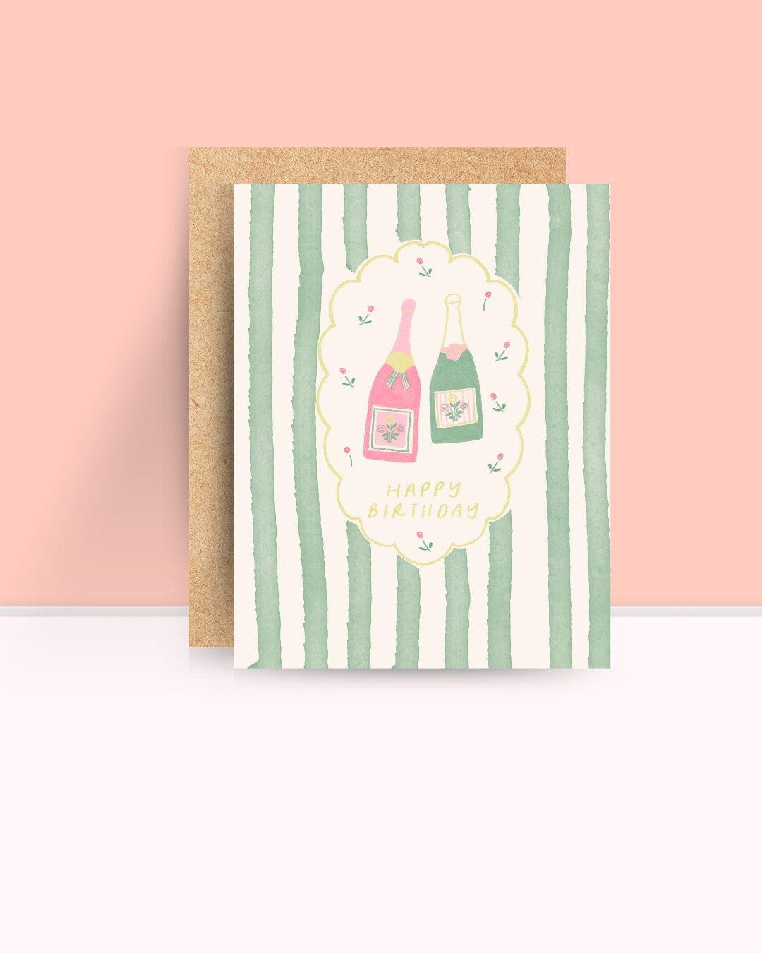 Hand Illustrated Champagne Birthday Card: Green Stripes, Vintage Style ...