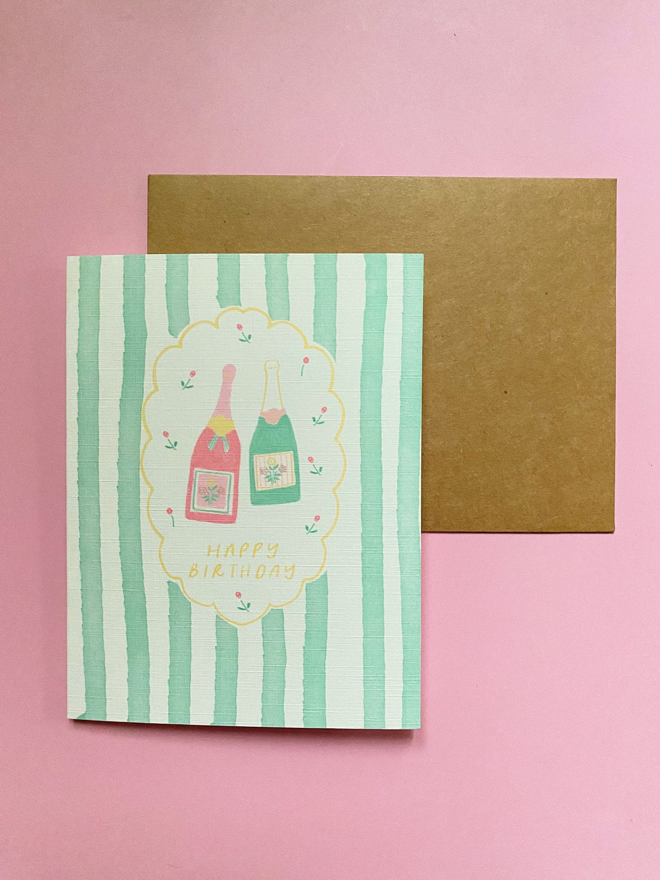 Hand Illustrated Champagne Birthday Card: Green Stripes, Vintage Style ...