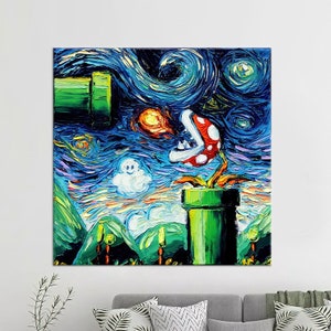 Mario Starry Night Poster, Mario Bros Glass Art, Mario World Home Decor ...