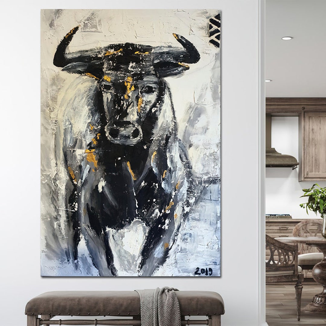 Abstract Bull Oil Painting on Canvas, Large Original Bull Canvas Wall ...