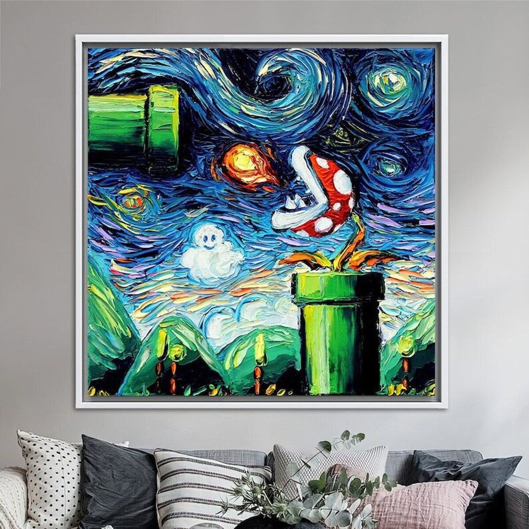 Mario Starry Night Poster, Mario Bros Glass Art, Mario World Home Decor ...