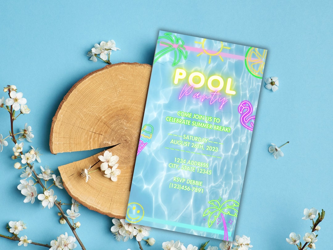 Pool Party Invitation Pool Party Text Invitation Neon Summer E-vite ...