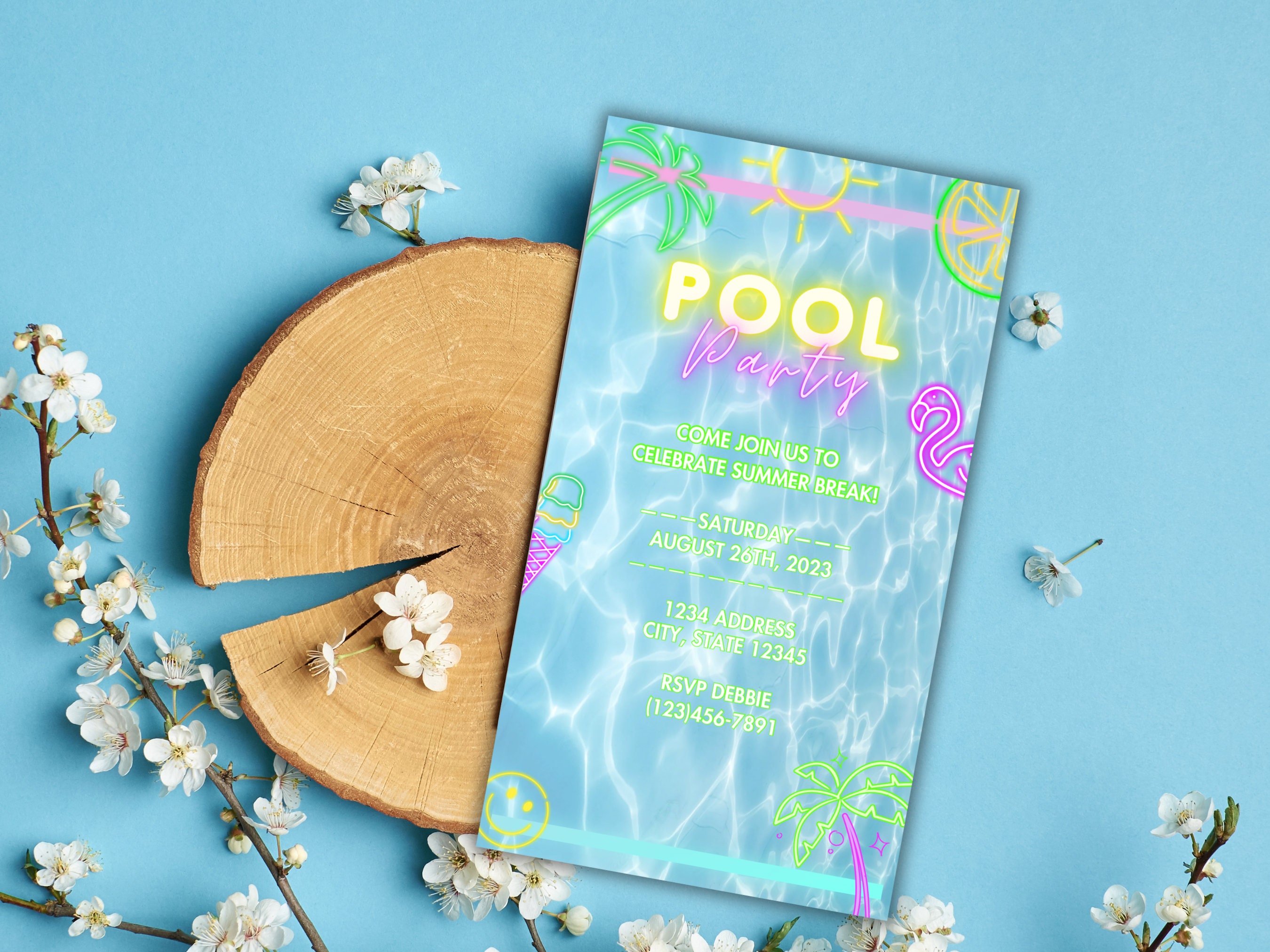 Pool Party Invitation Pool Party Text Invitation Neon Summer E-vite ...