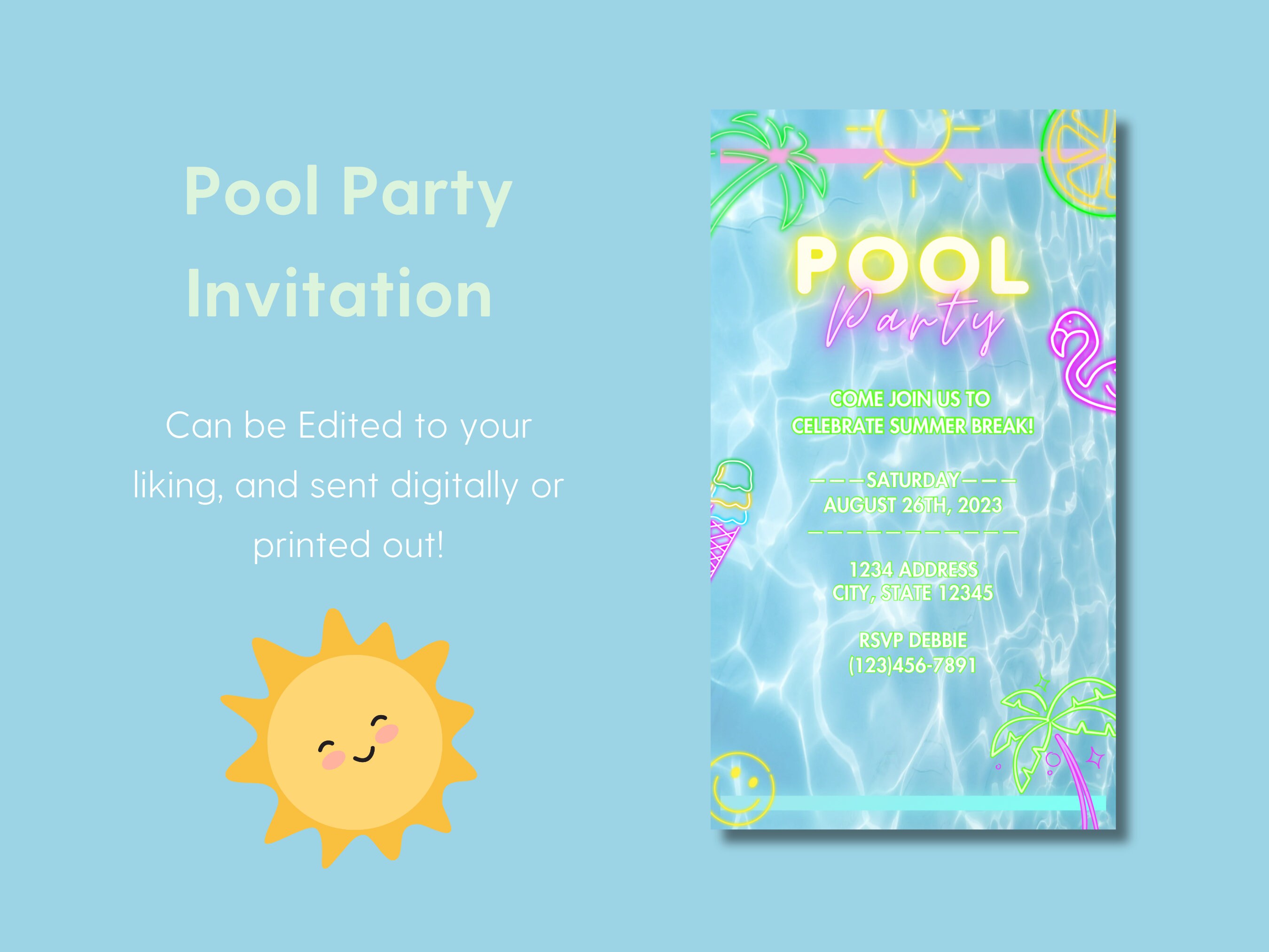 Pool Party Invitation Pool Party Text Invitation Neon Summer E-vite ...