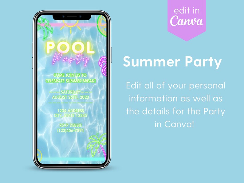 Pool Party Invitation Pool Party Text Invitation Neon Summer E-vite ...