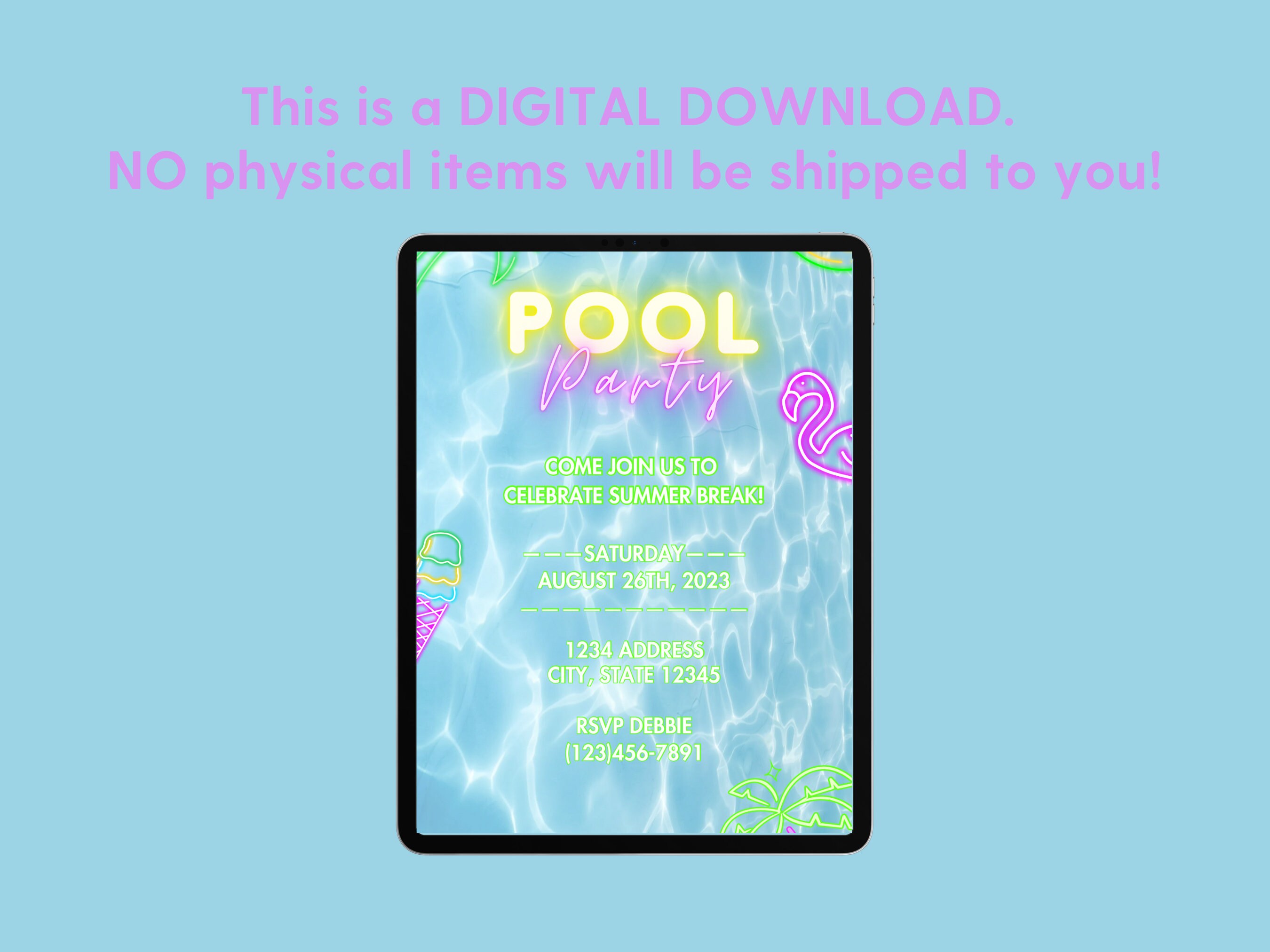 Pool Party Invitation Pool Party Text Invitation Neon Summer E-vite ...
