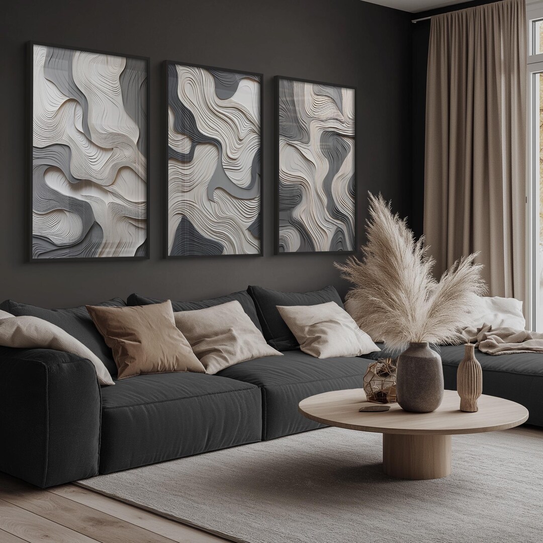 Set of 3 Abstract Digital Prints, Contemporary Wall Art, Neutral Modern ...