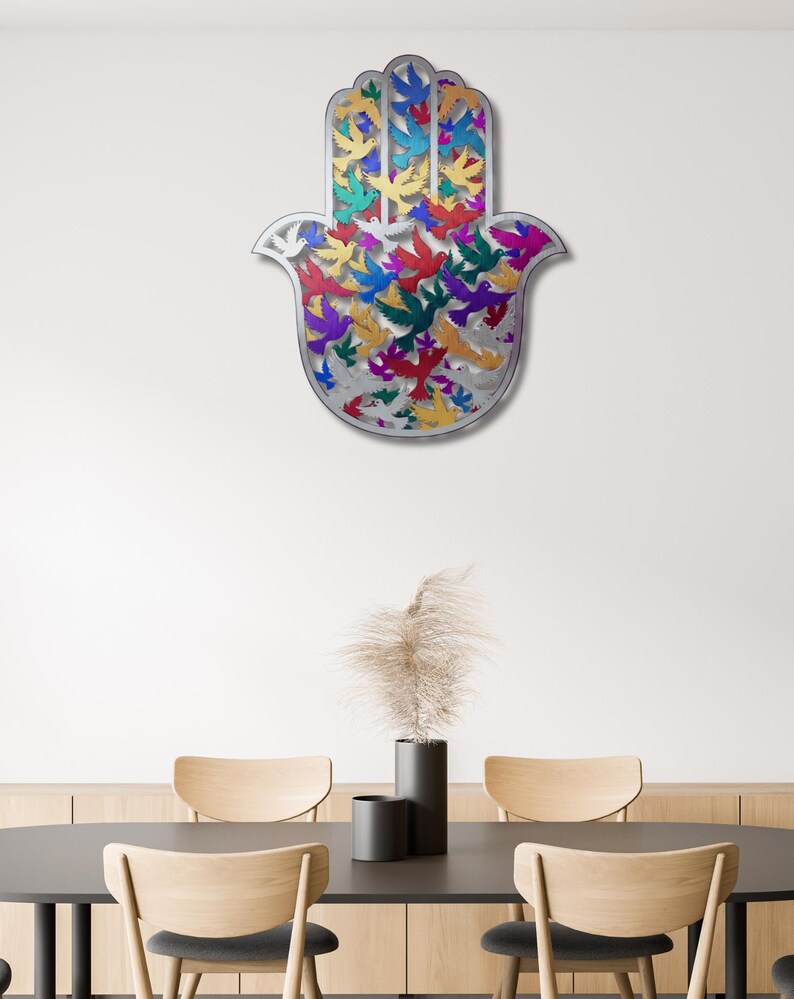Colorful Hamsa Hand With Doves of Peace Metal Wall Art Modern Judaica ...