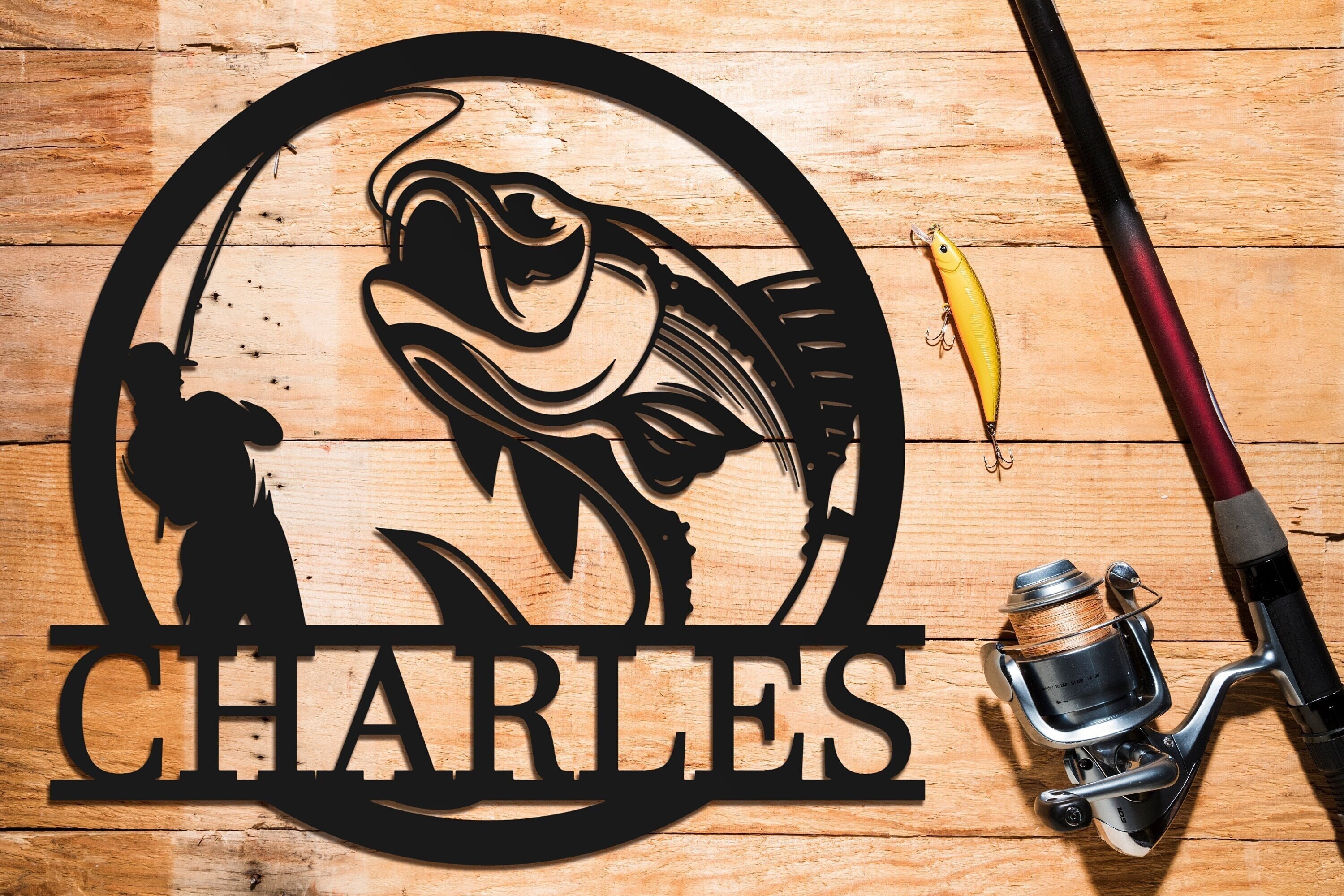 Custom Metal Monogram Name Sign, Bass Fishing Outside, Garage, Workshop ...