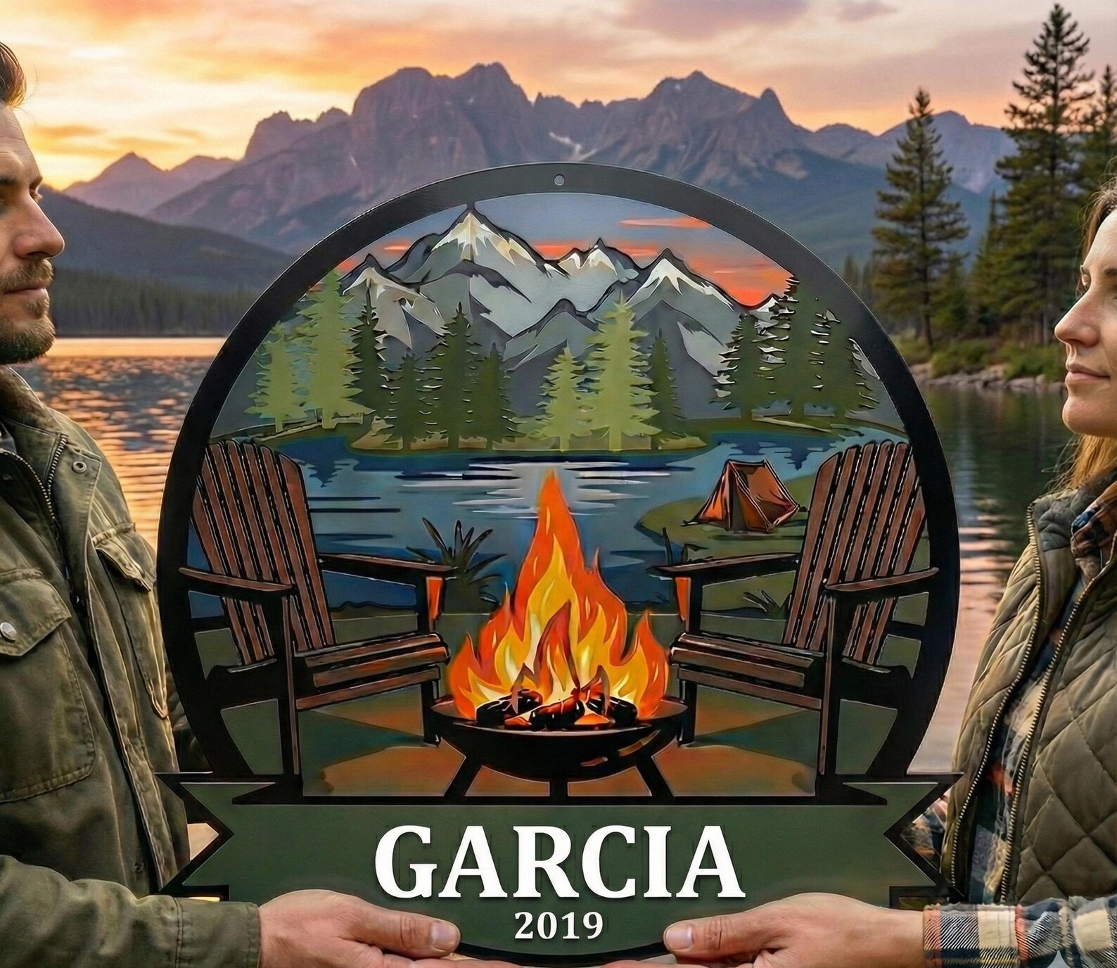 Custom Metal Camping Sign, Personalized Campfire Lake & Mountain Wall ...