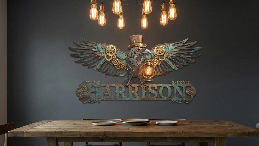 Custom Steampunk Raven Name Sign | Industrial Metal Wall Art With Gears ...