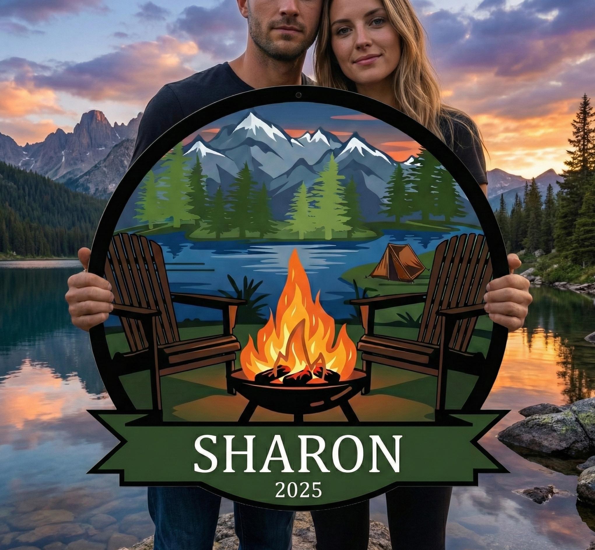 Custom Metal Camping Sign, Personalized Campfire Lake & Mountain Wall ...