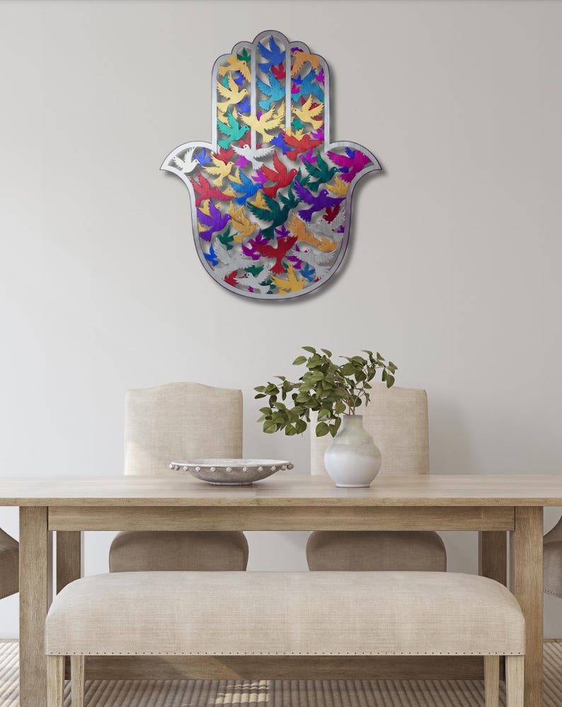 Colorful Hamsa Hand With Doves of Peace Metal Wall Art Modern Judaica ...